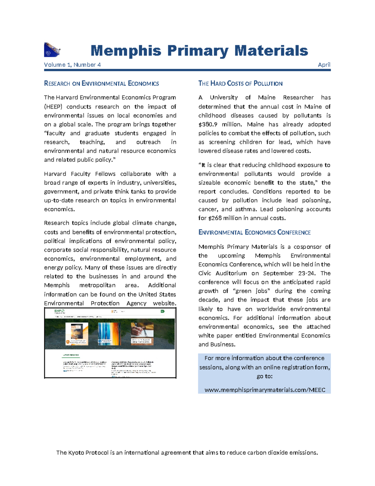Memphis Primary Materials Environmental Economics Newsletter Vol. 1, No ...