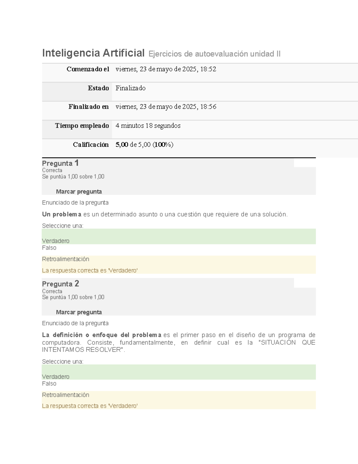 Inteligencia Artificial: Ejercicios de Autoevaluación Unidad II - Studocu