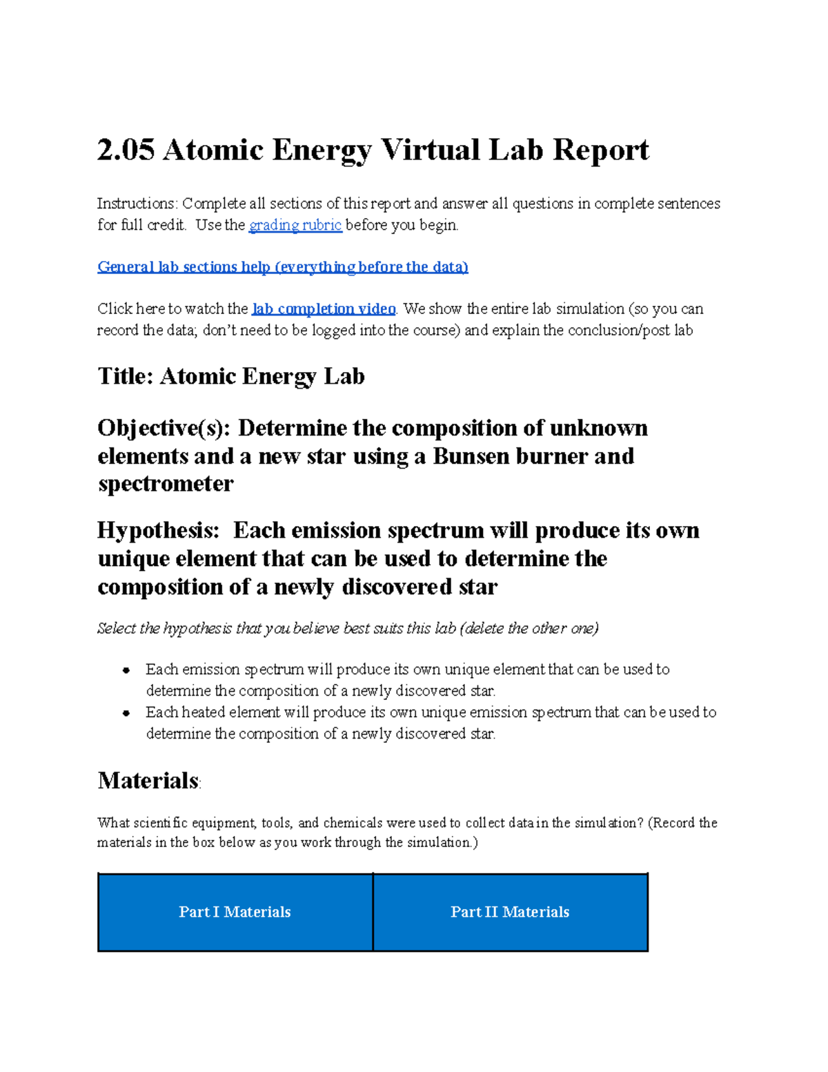 2.05 Atomic Energy Lab Report: Emission Spectra Analysis and Findings ...