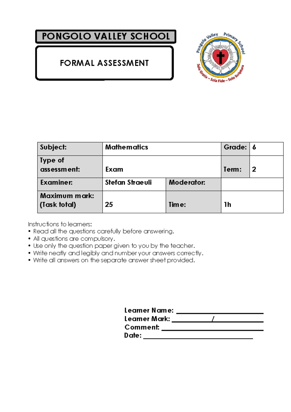 Maths G6 Exam Paper 2 - Formal Assessment 2025 - Studocu