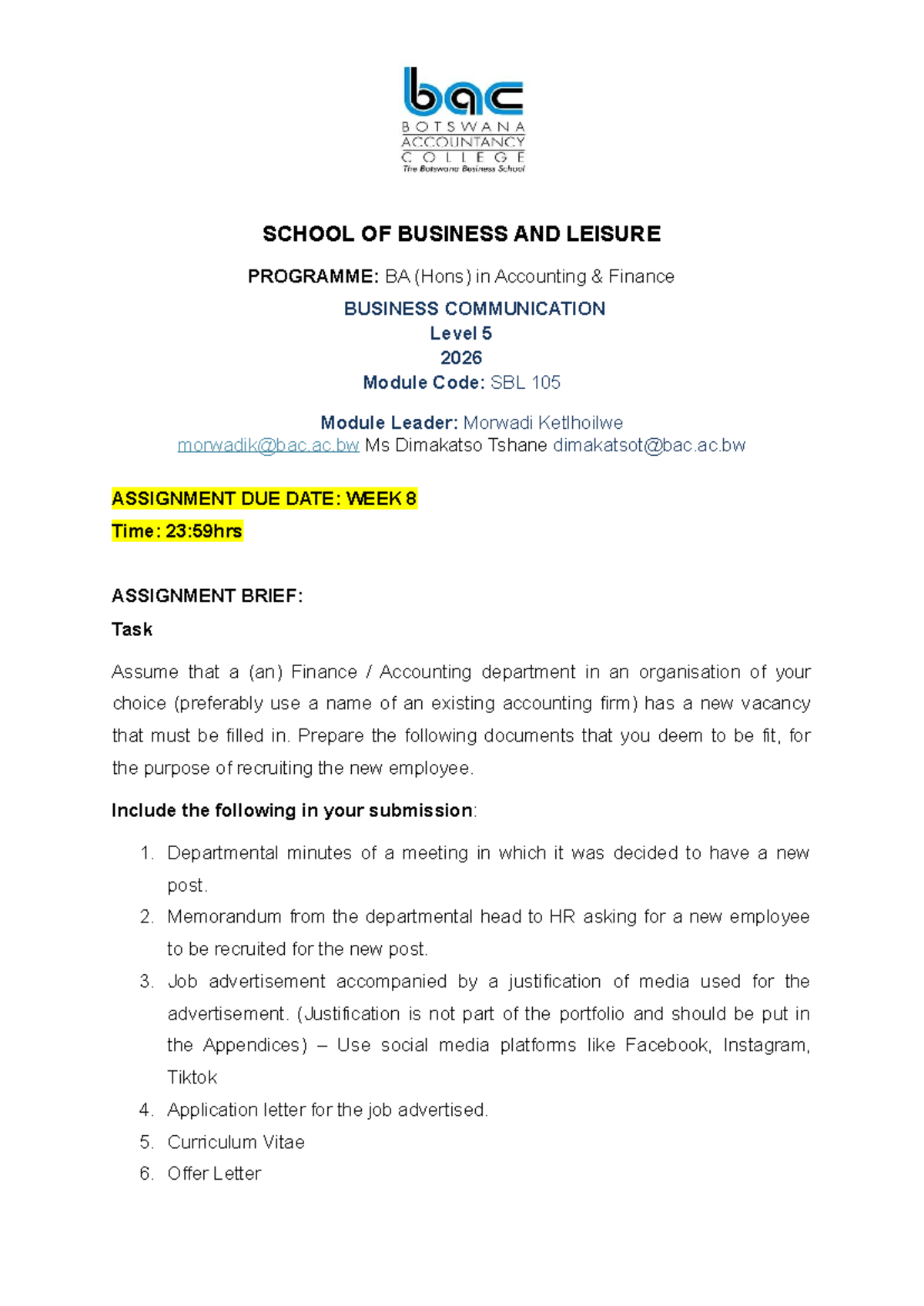 SBL 105 Level 5 Assignment Brief: Recruitment Portfolio for Finance ...
