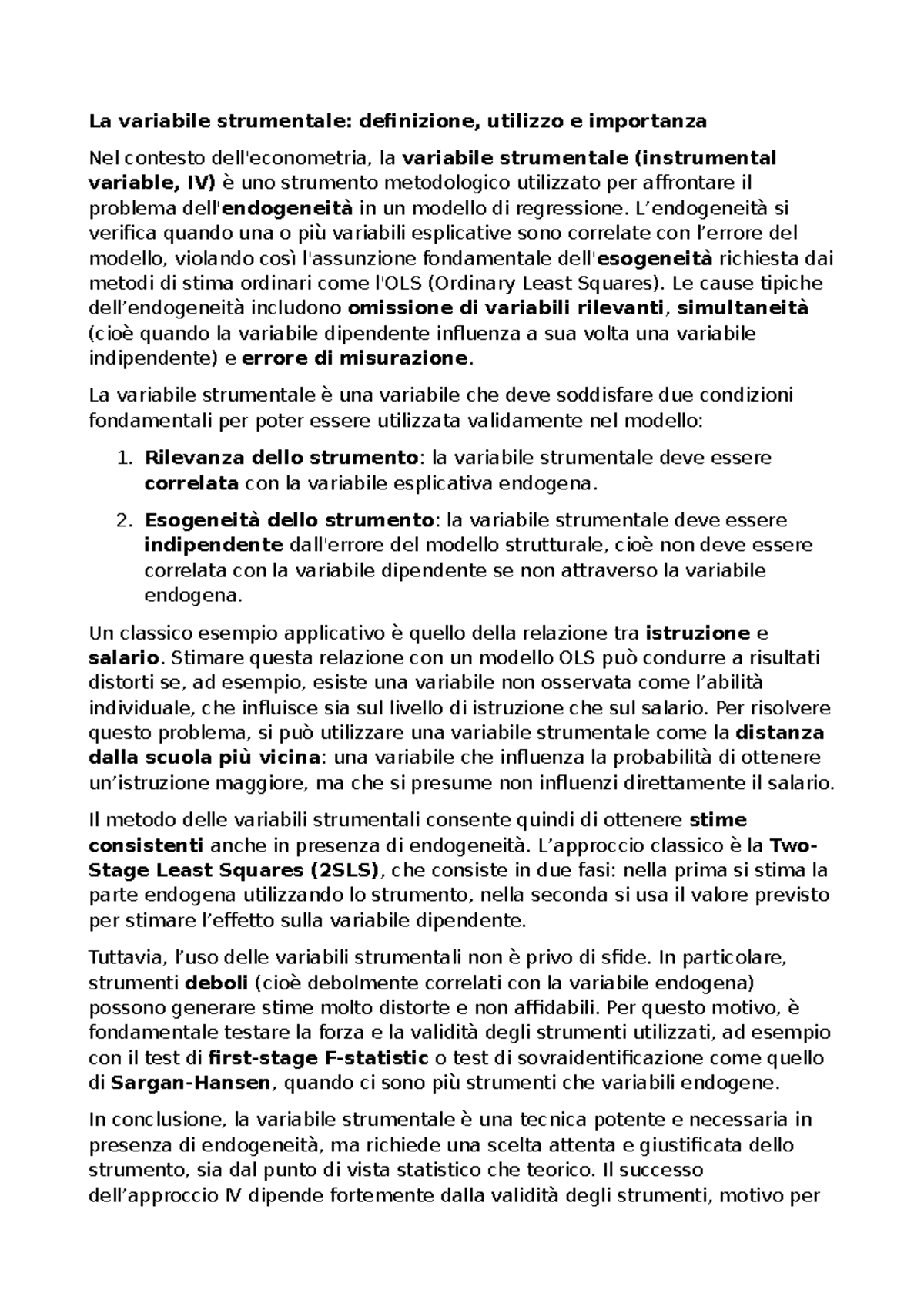 La variabile strumentale: definizione e utilizzo in econometria - Studocu