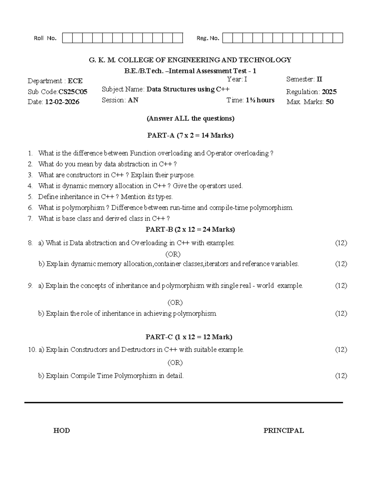 CS25C05 - Data Structures Assessment Test 1 Question Paper - Studocu