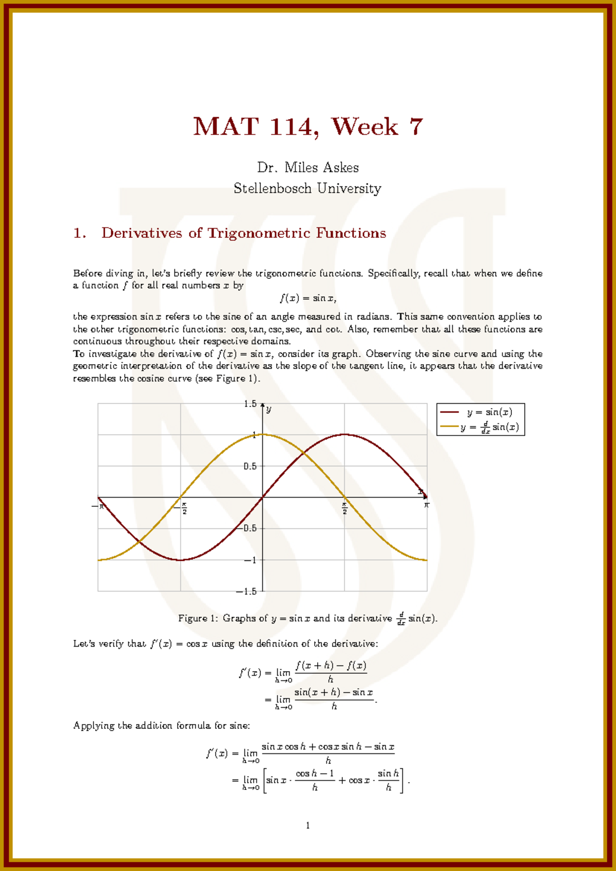 MAT 114, Week 7 Lecture Notes on Derivatives of Trigonometric Functions ...