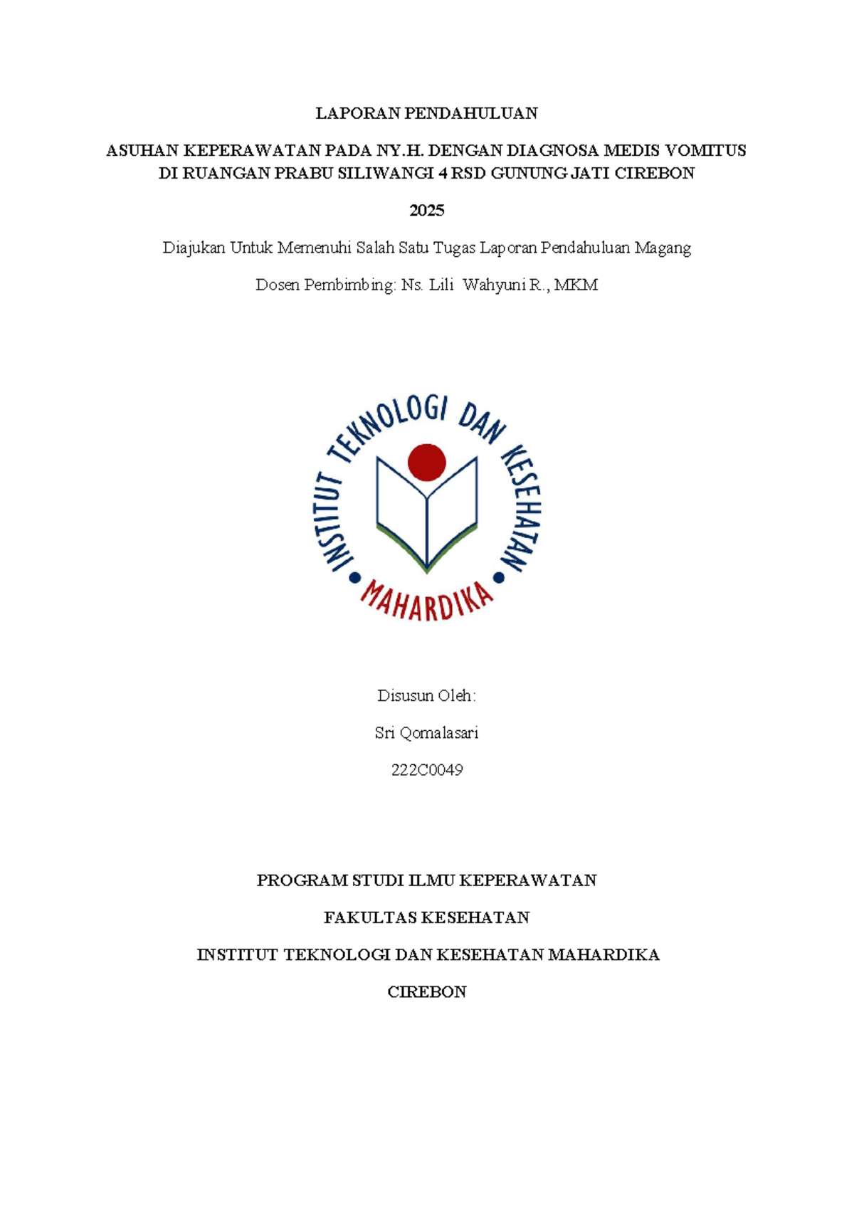 Laporan Pendahuluan Asuhan Keperawatan pada Ny.H. dengan Diagnosa ...