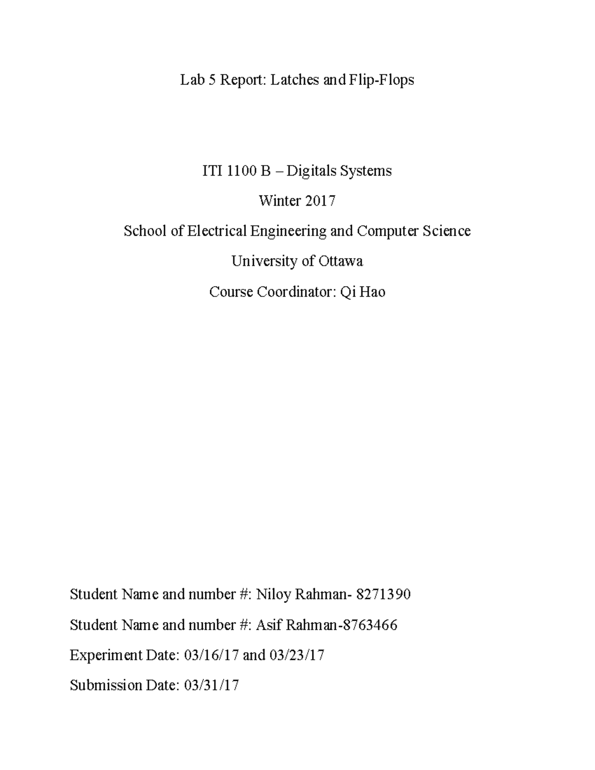 ITI1100- Lab 5 - Lab Assignment. - Lab 5 Report: Latches and Flip-Flops ...