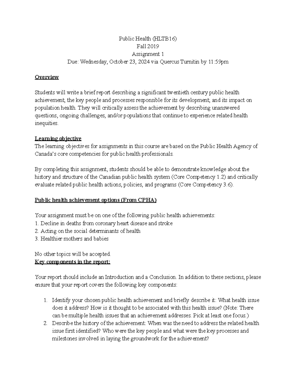 Public Health (HLTB16) Fall 2019 Assignment 1: Key Achievements ...