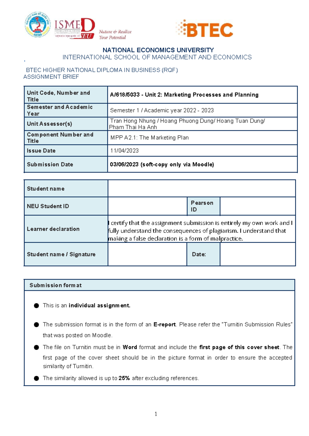 [ MPP S2-2223] Assignment Brief - A2 - NATIONAL ECONOMICS UNIVERSITY ...