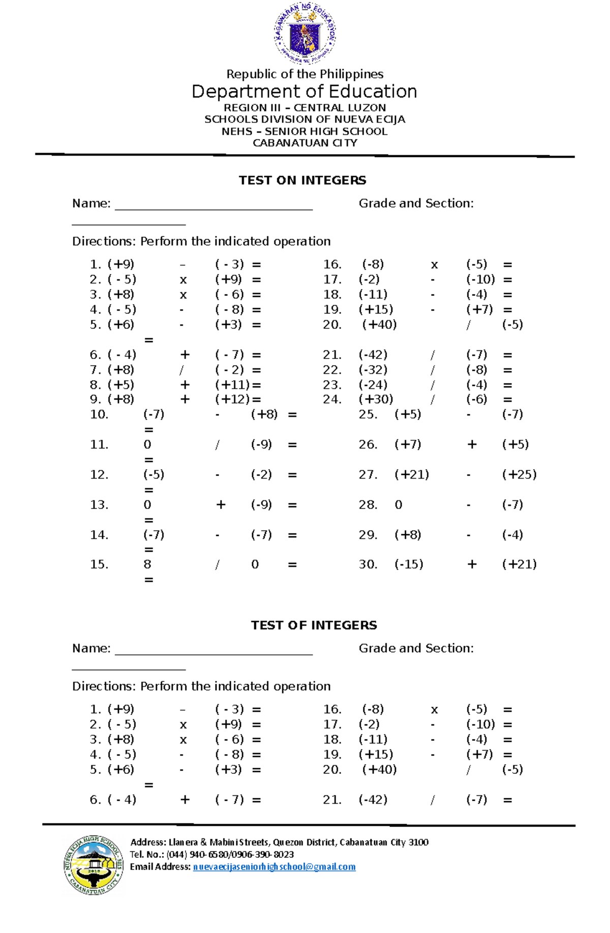 Test on Integers: Mastering the Four Fundamental Operations - Studocu