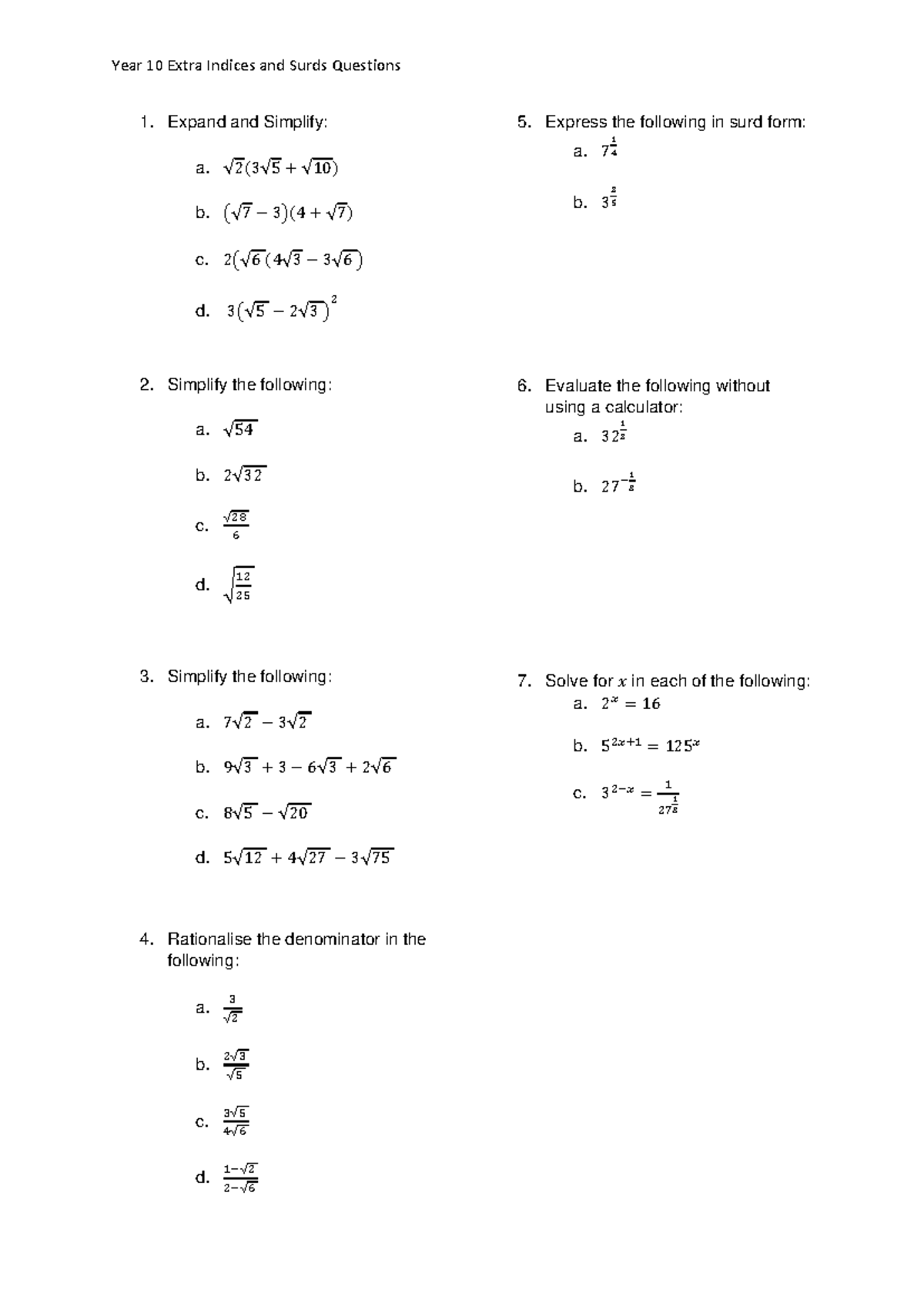 10 Extra Indices and Surds Questions - Year 10 Extra Indices and Surds ...