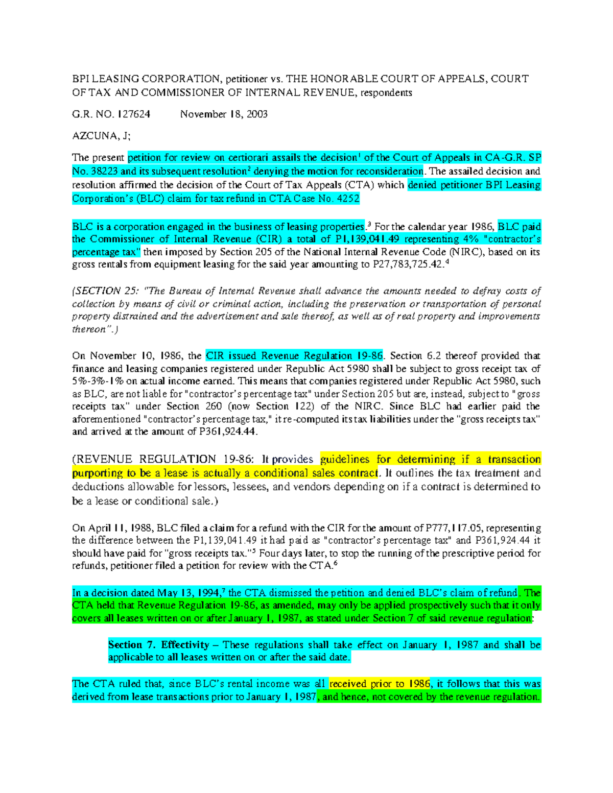 G.R. NO. 127624 - Case Digest on BPI Leasing Corp. vs. CIR Analysis ...