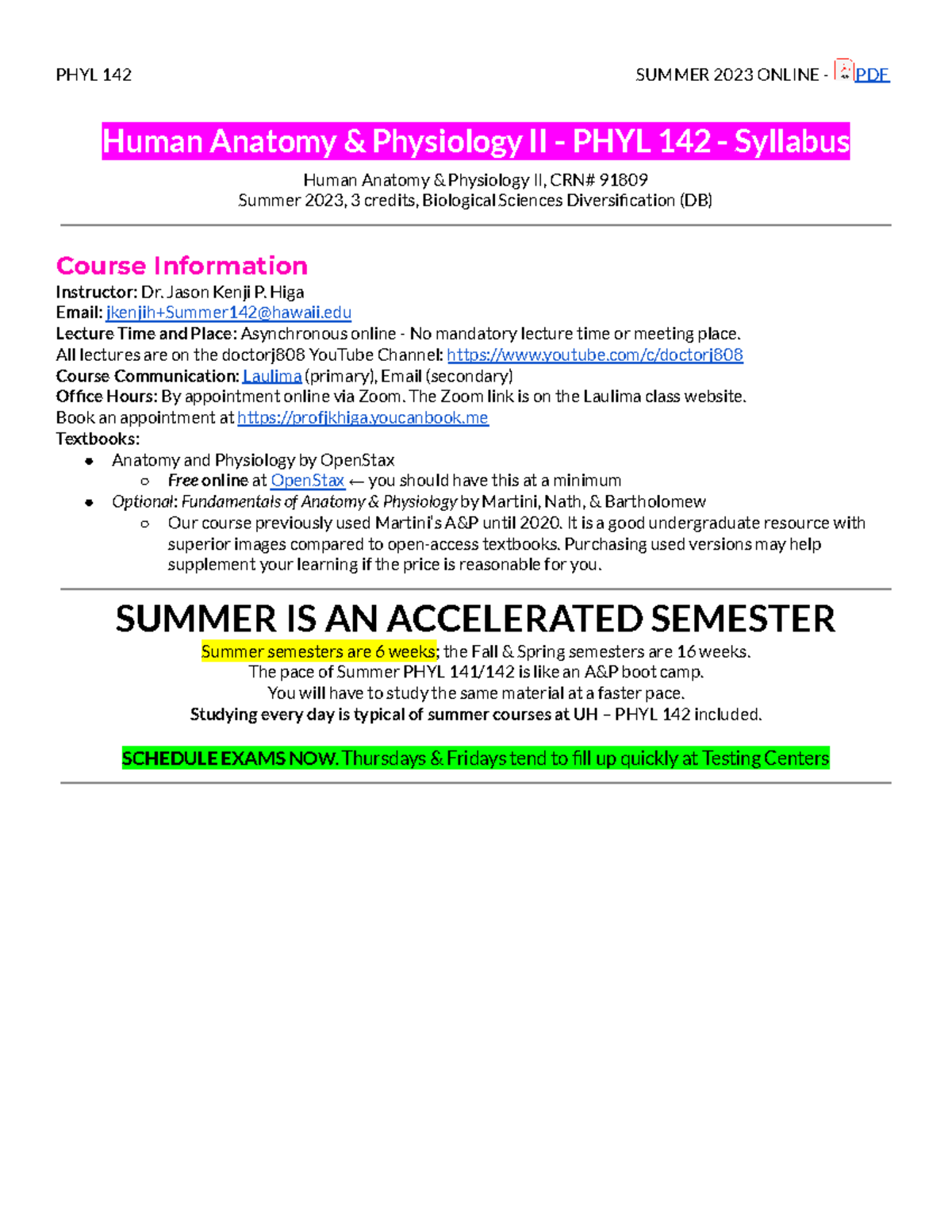 PHYL 142 SUMMER 2023 ONLINE Syllabus for Human Anatomy & Physiology II ...