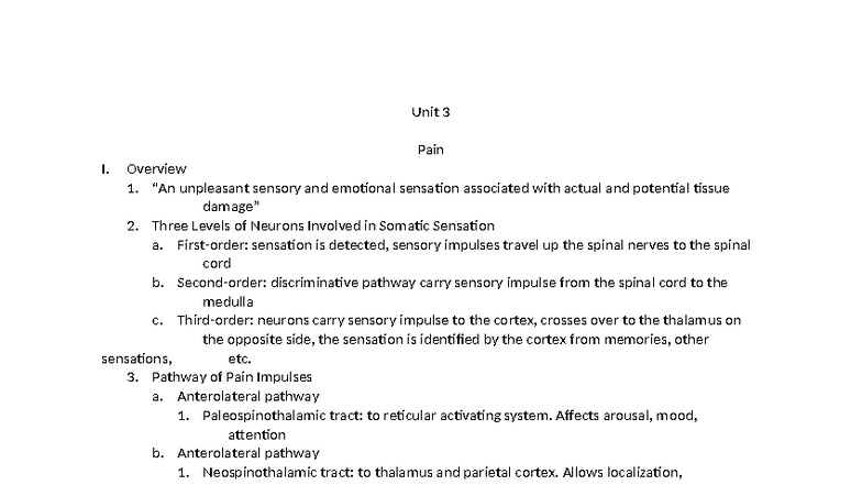 Unit 3: Overview of Pain, Headaches, and Musculoskeletal Disorders - Studocu