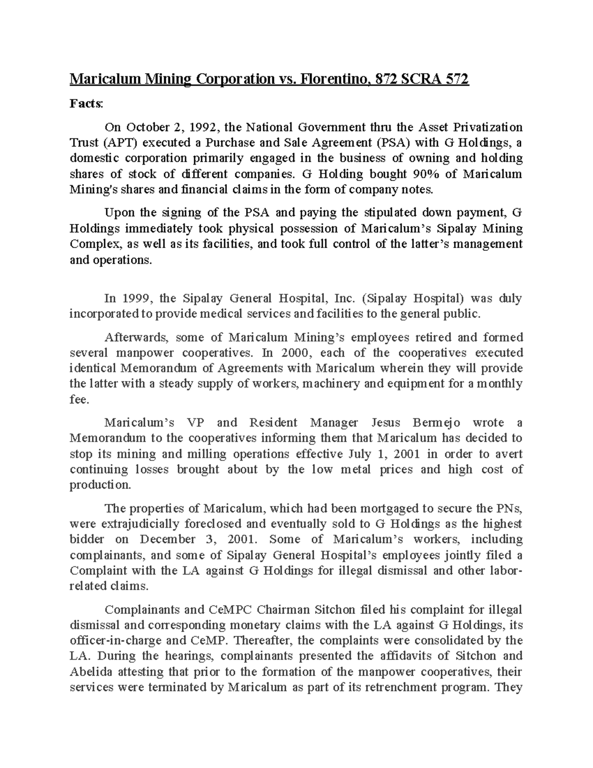 Piercing the Corporate Veil: Maricalum Mining vs. Florentino Case Study ...