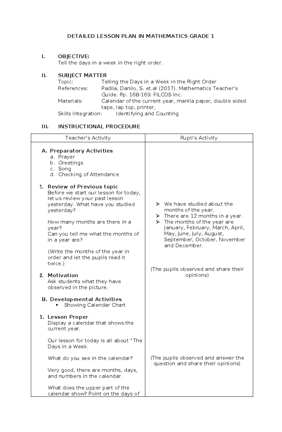 506562454 Detailed Lesson Plan on Days of the Week for Grade 1 - Studocu