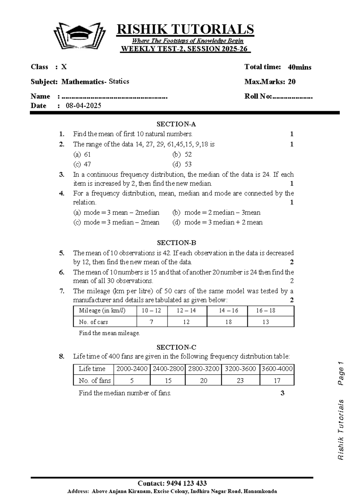 RISHIK TUTORIALS Class X Statics Weekly Session Test Questions - Studocu