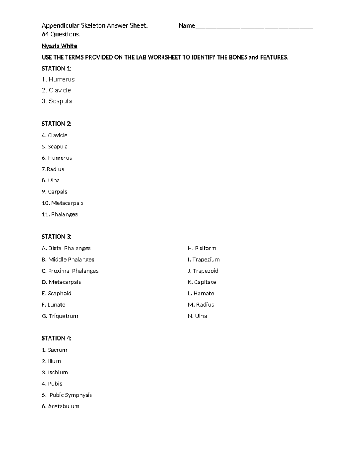 Appendicular Skeleton Lab Worksheet - 64 Questions - Studocu