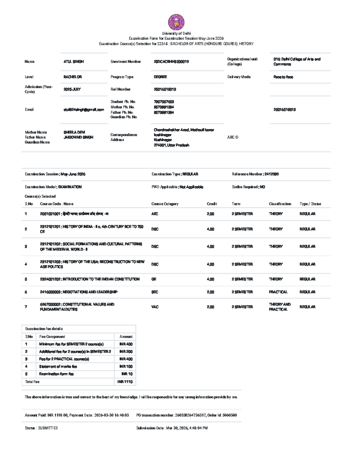 Sem 2 Exam Form for BA (Hons) History - University of Delhi 2026 - Studocu