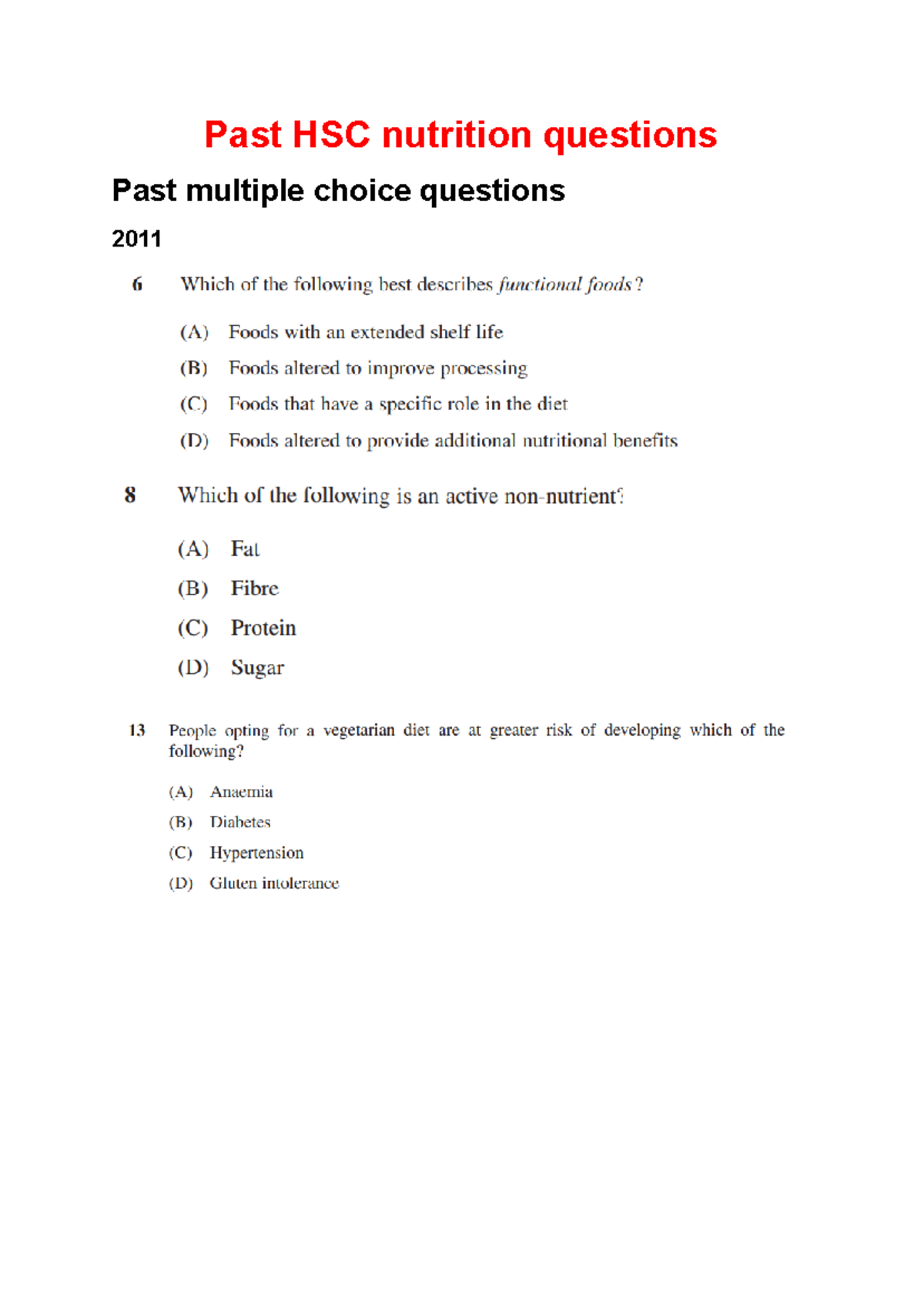 Past HSC Food Tech Nutrition Issues: Multiple Choice Qs Overview - Studocu