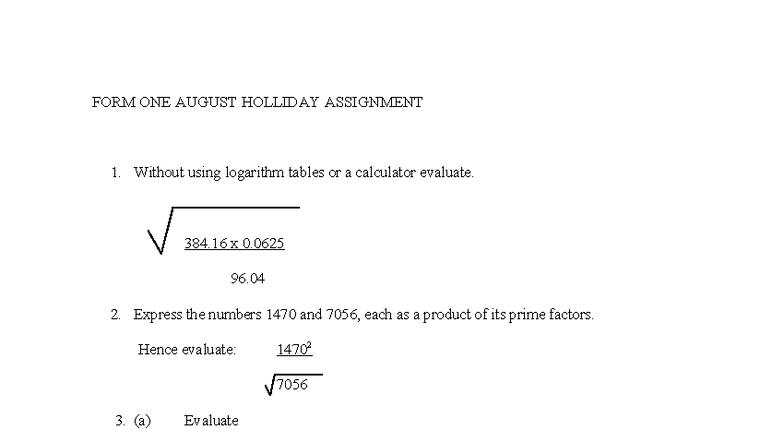 FORM ONE MATH Holiday Assignment 1: Problem Solving & Evaluations - Studocu