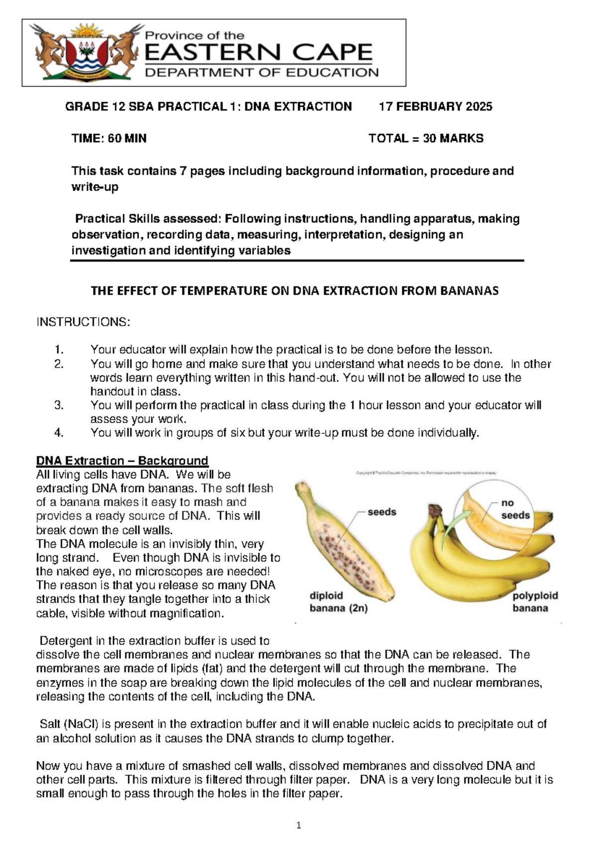 GRADE 12 SBA PRACTICAL 1: DNA EXTRACTION FROM BANANAS - 17 FEB 2025 ...