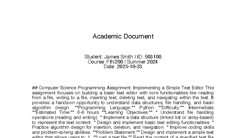 FIN200 Summer 2024: Simple Text Editor Implementation Assignment - Studocu