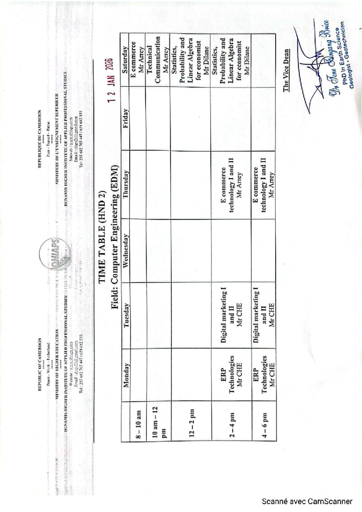 Time Table for HND 2 in Computer Engineering (EDM) - Jan 2026 - Studocu