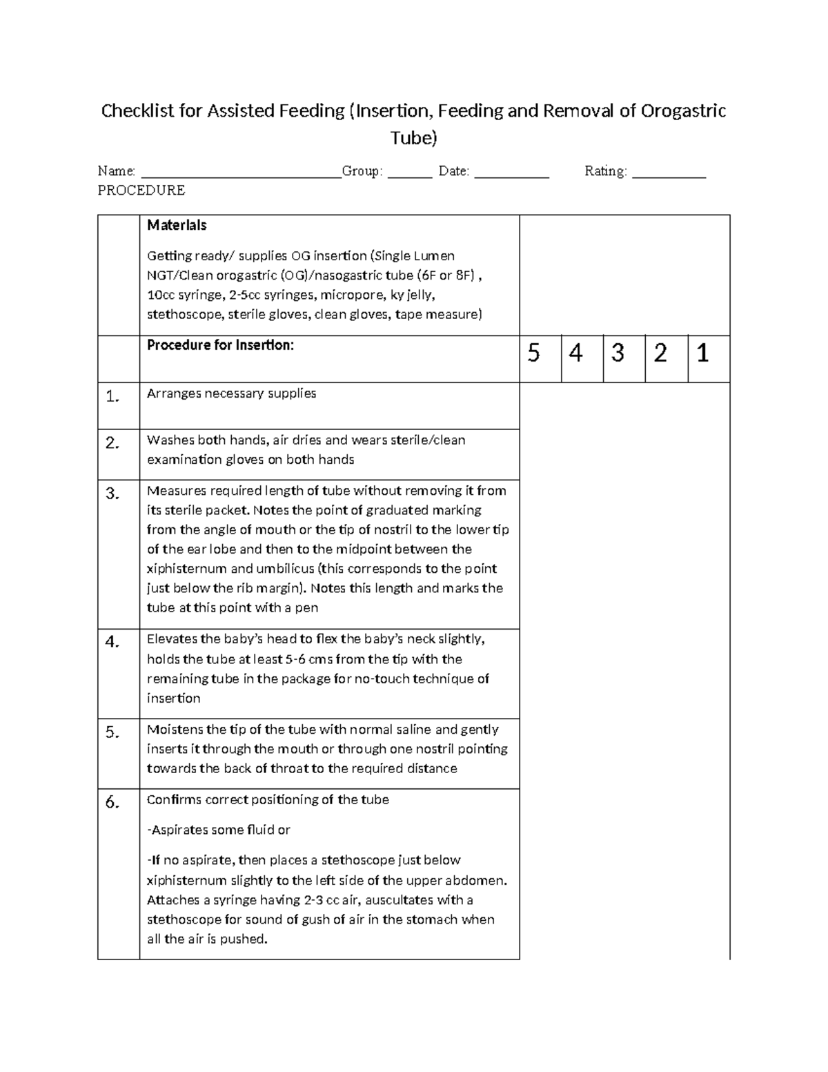 NGT-OGT Feeding Procedure Checklist for Assisted Feeding - Studocu