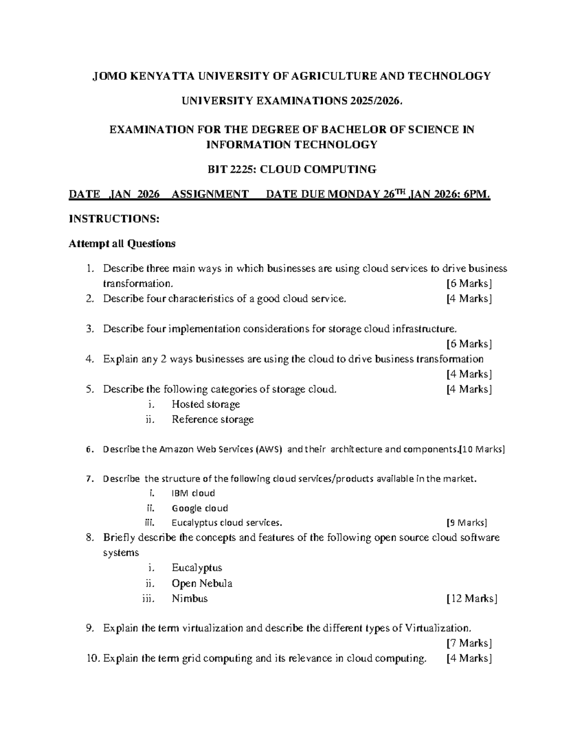 BIT Cloud Computing Assignment: JKUAT Exam Jan 2026 - Studocu