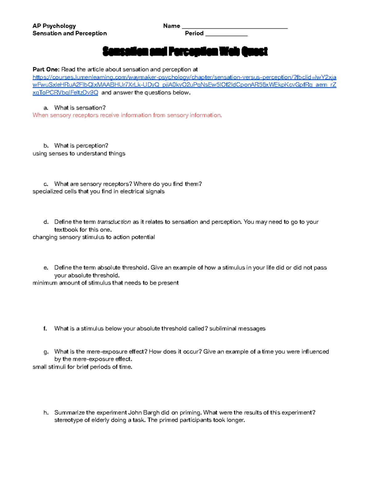 AP Psychology (Sensation & Perception) Web Quest Notes - Studocu