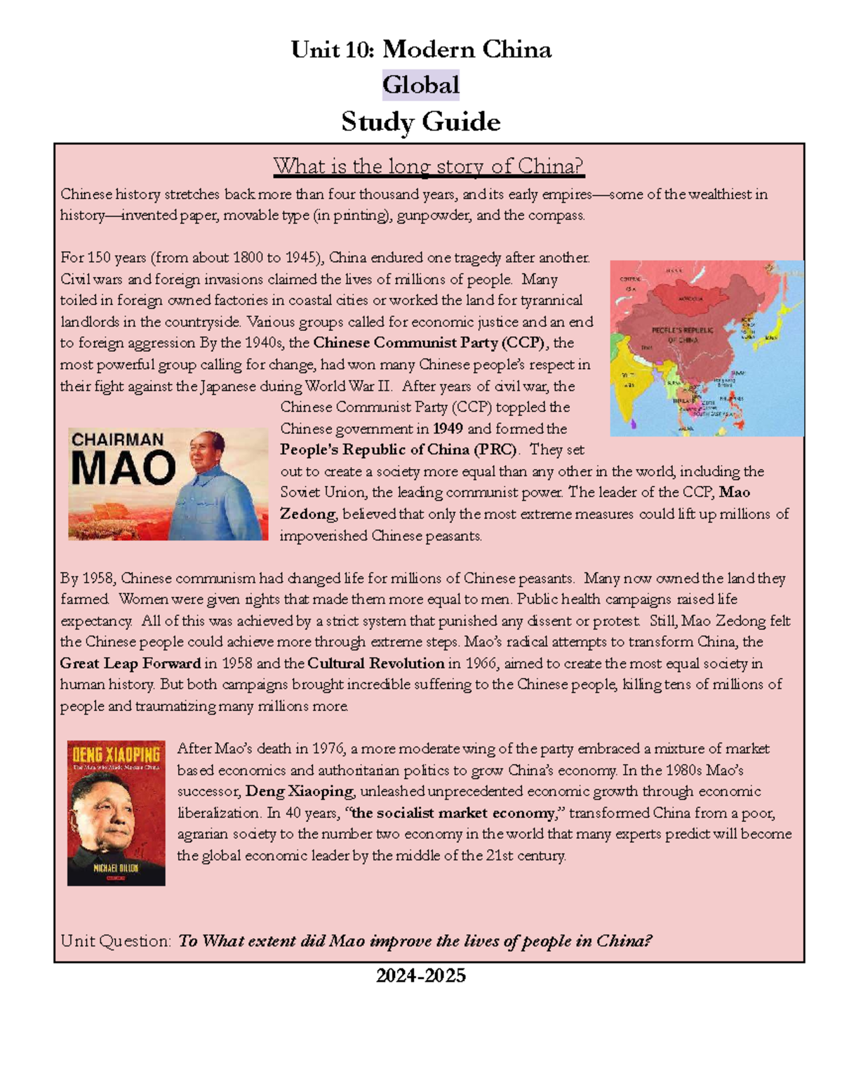 Unit 10 Global Study Guide: Modern China (2024-2025) Overview - Studocu