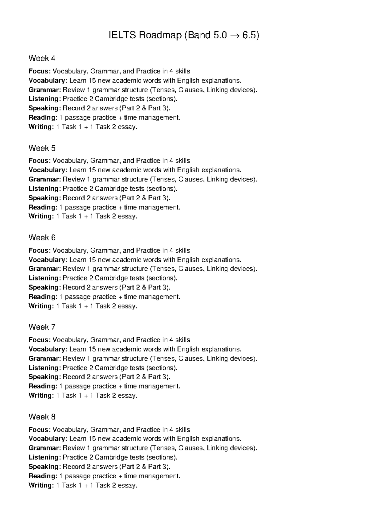 IELTS Roadmap (Band 5.0-6.5): Vocabulary, Grammar & Skills Focus (Weeks ...