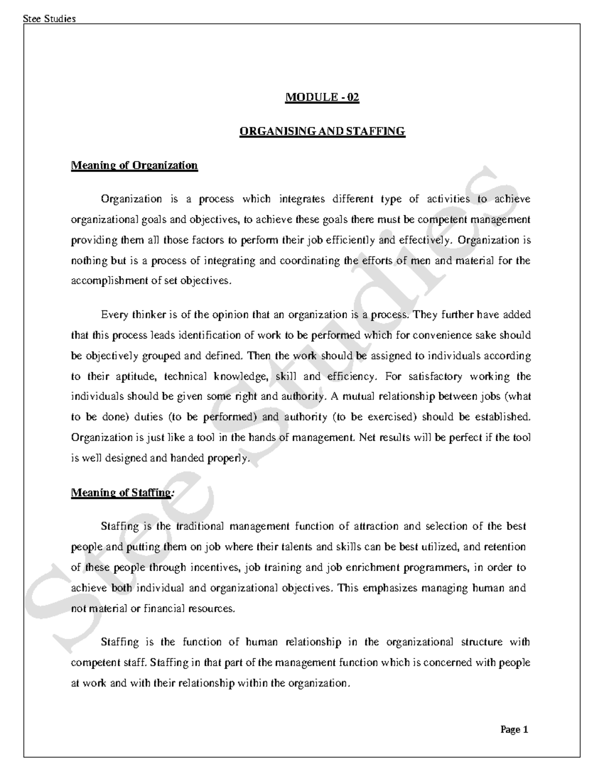 Stee Studies MODULE 02: Organizing and Staffing Principles and ...