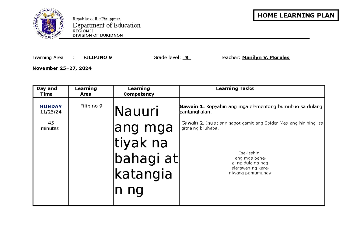 HOME LEARNING PLAN: Filipino 9 Activities and Tasks - Studocu
