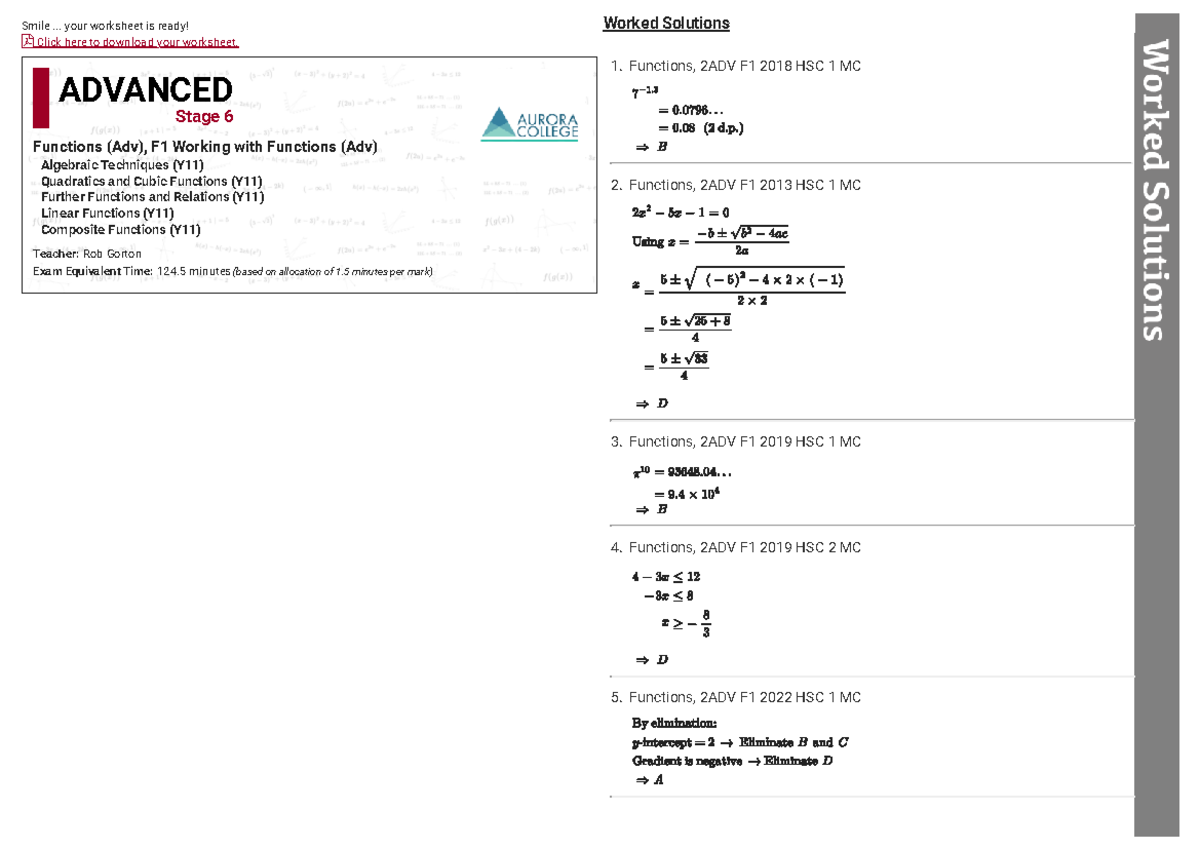 Year 11 Adv AT1 Questions Bank - Functions Solutions (2ADV F1) - Studocu