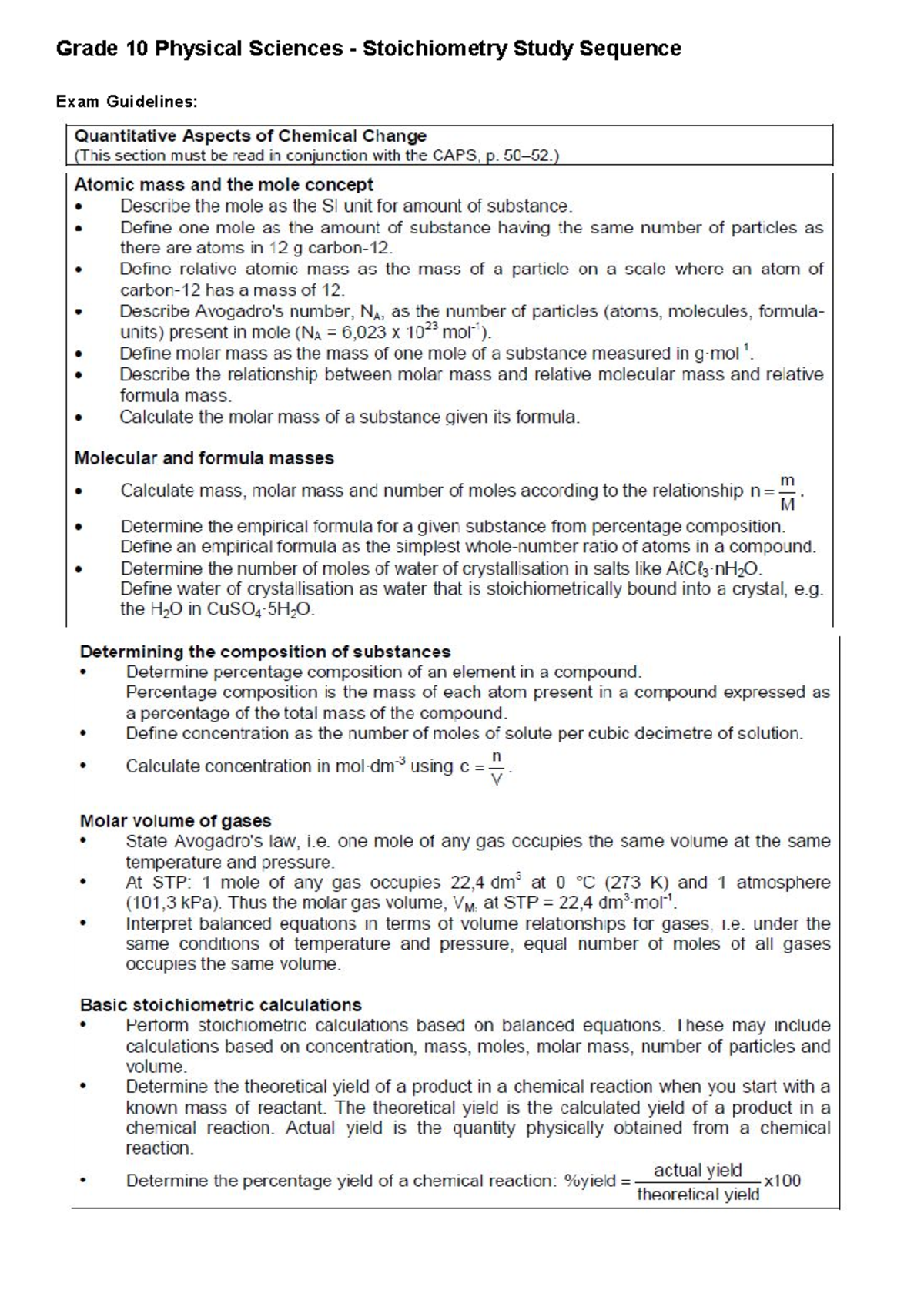 Grade 10 Physical Sciences Final Exam: Stoichiometry Study Sequence 1 - Studocu