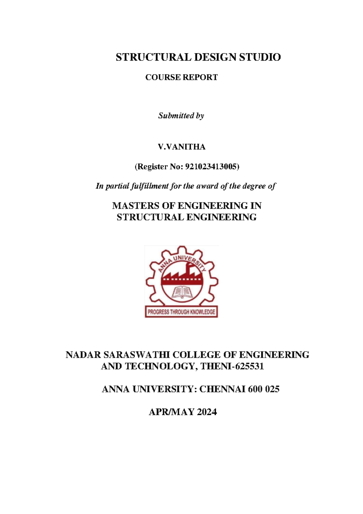 Vanitha sds - contains like some point about design studio - STRUCTURAL DESIGN STUDIO COURSE ...