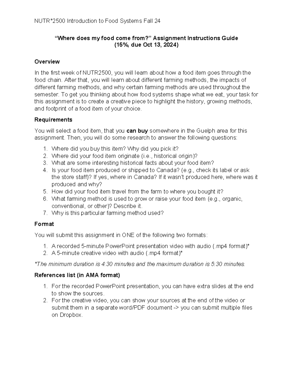 NUTR2500 F24 Where does my food come from assignment instructions ...