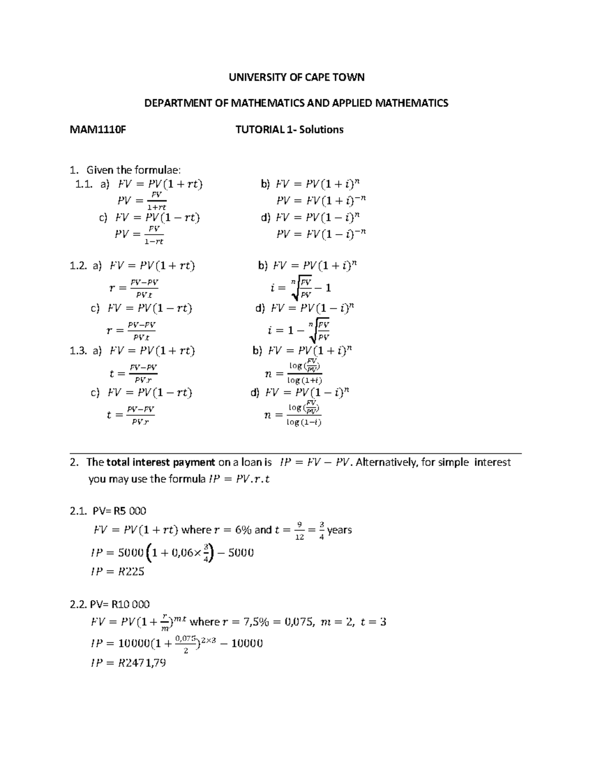 Tutorial 1 Solutions - UNIVERSITY OF CAPE TOWN DEPARTMENT OF ...