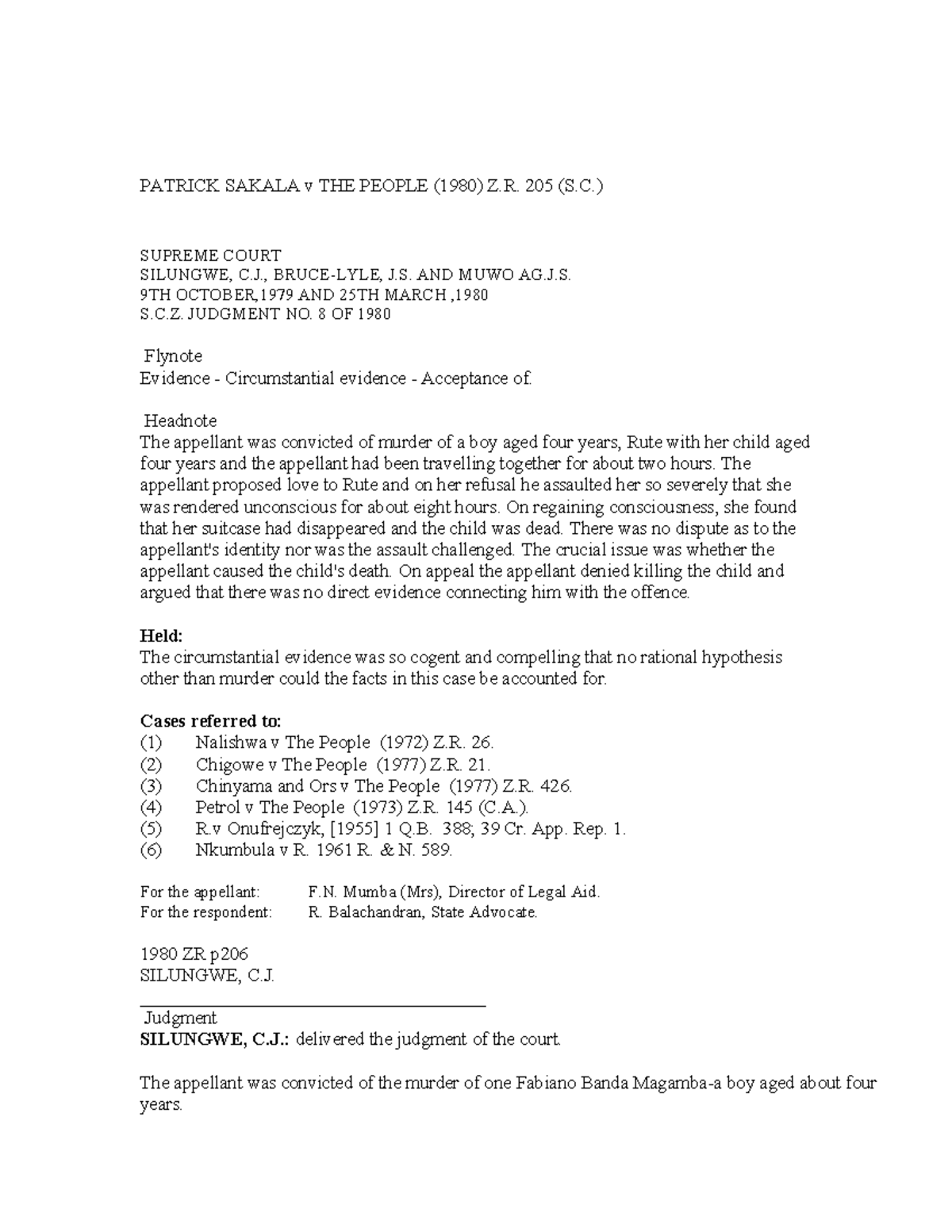 Patrick Sakala v THE People (1980) Z.R. 205 (S - PATRICK SAKALA v THE ...