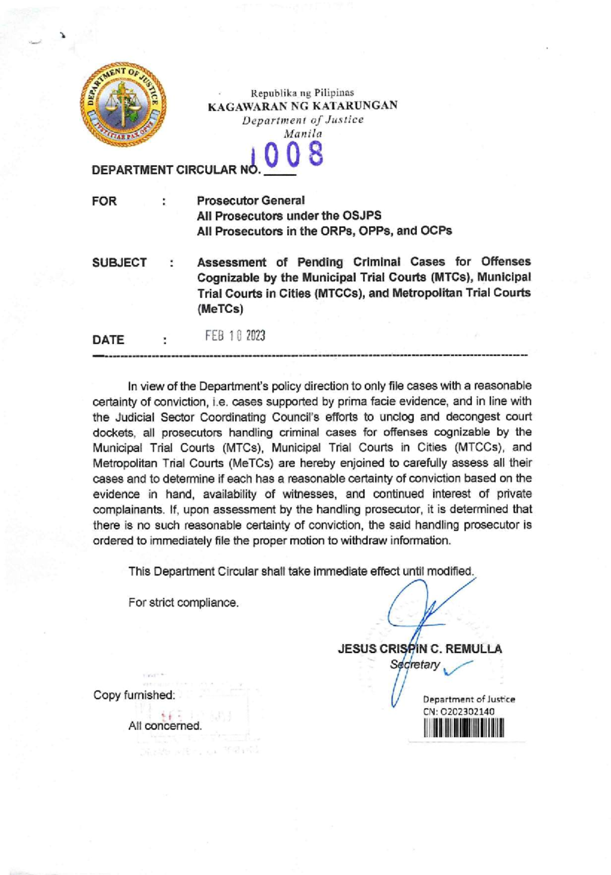 Department Circular N6.008: Assessment of Pending Criminal Cases - Studocu