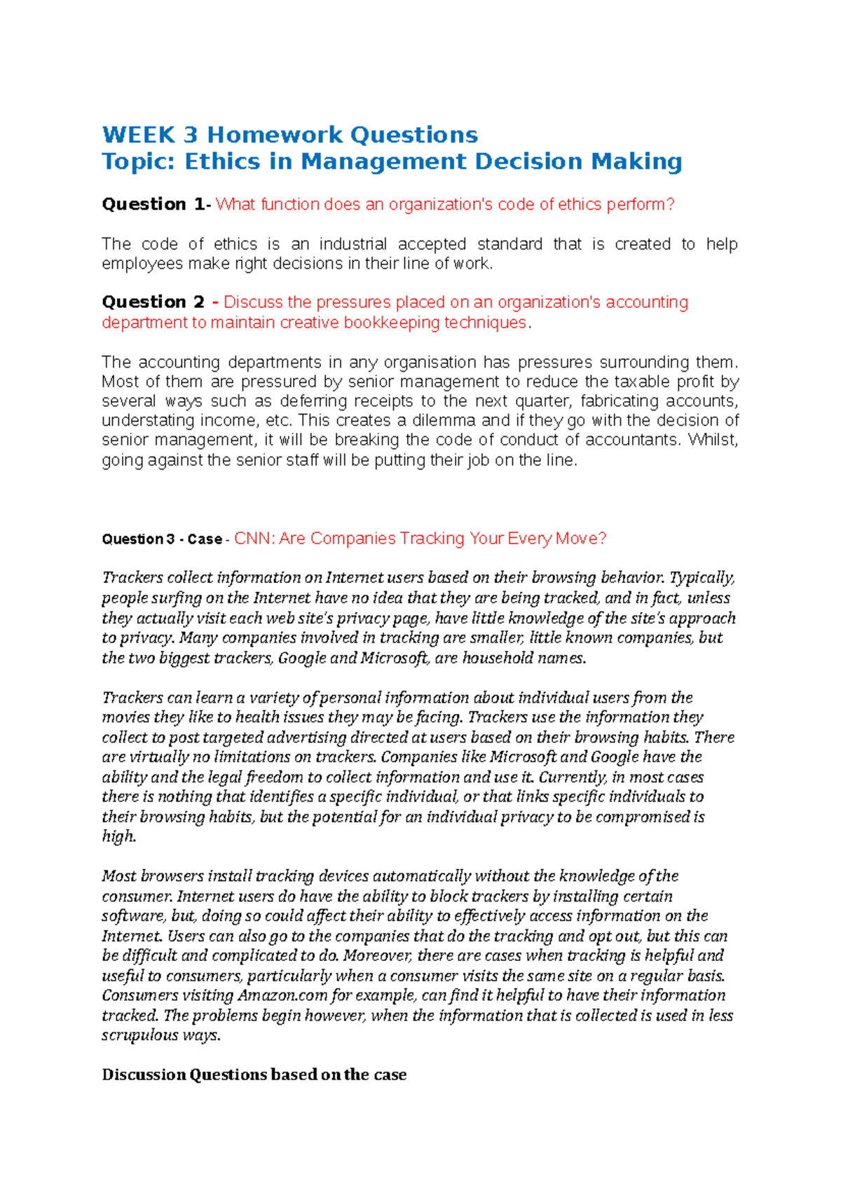 ACCG3001 WEEK 3 Homework Questions - WEEK 3 Homework Questions Topic ...
