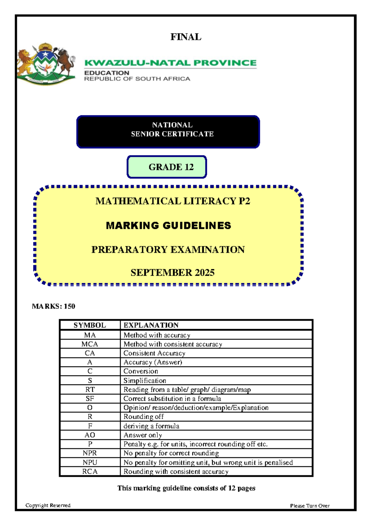FINAL GRADE 12 MATH LIT P2 MARKING GUIDELINES SEPT 2025 - Studocu