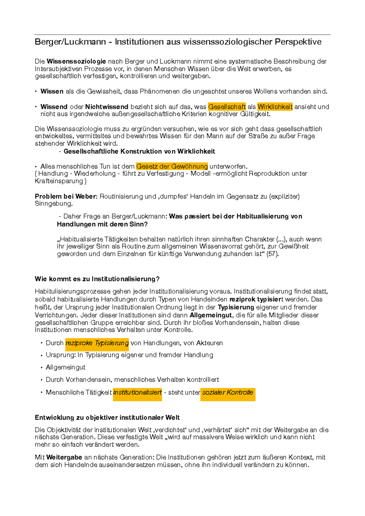 Soziologie Zusammenfassung: Berger/Luckmann und Neo-Institutionalismus ...