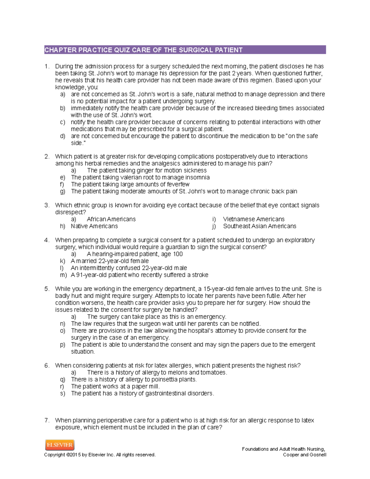 Answer Key for Chapter 17 Surgical Nursing Quiz (NUR101) - Studocu
