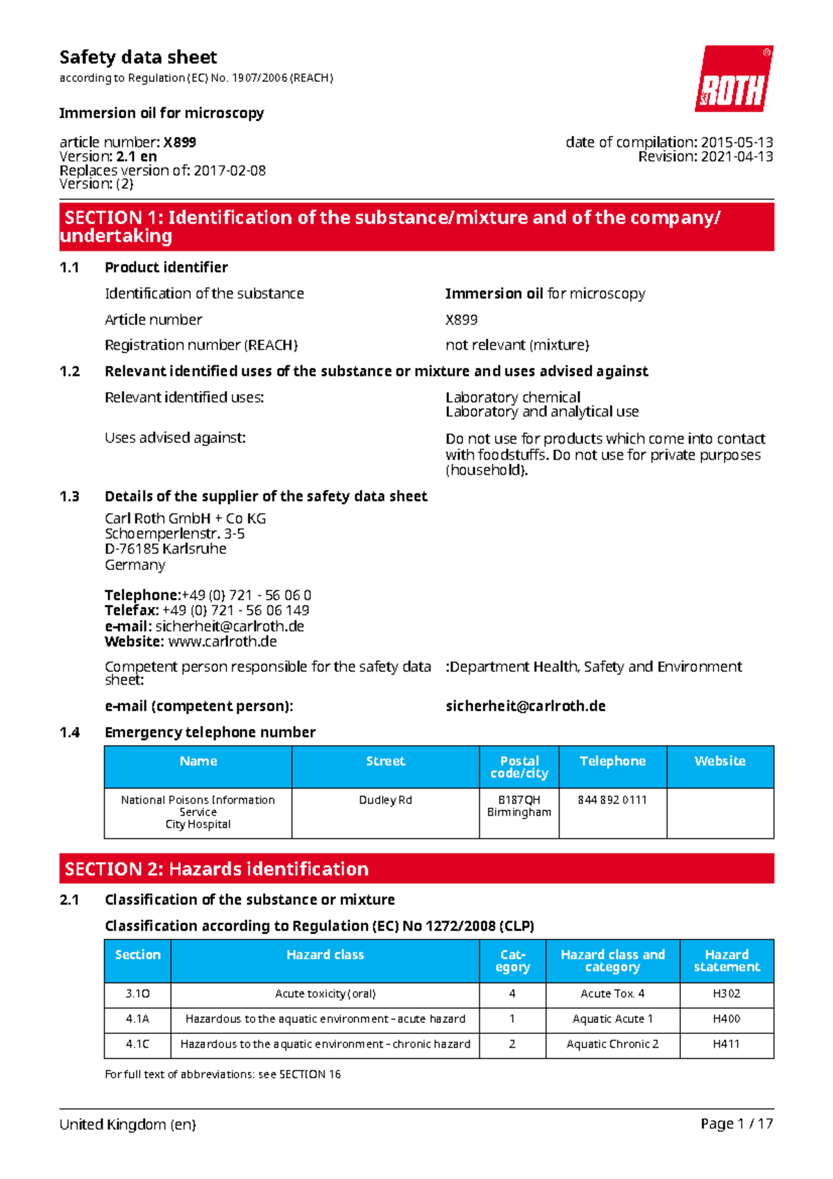 MSDS for Immersion Oil in Microscopy - Safety Data Sheet - Studeersnel