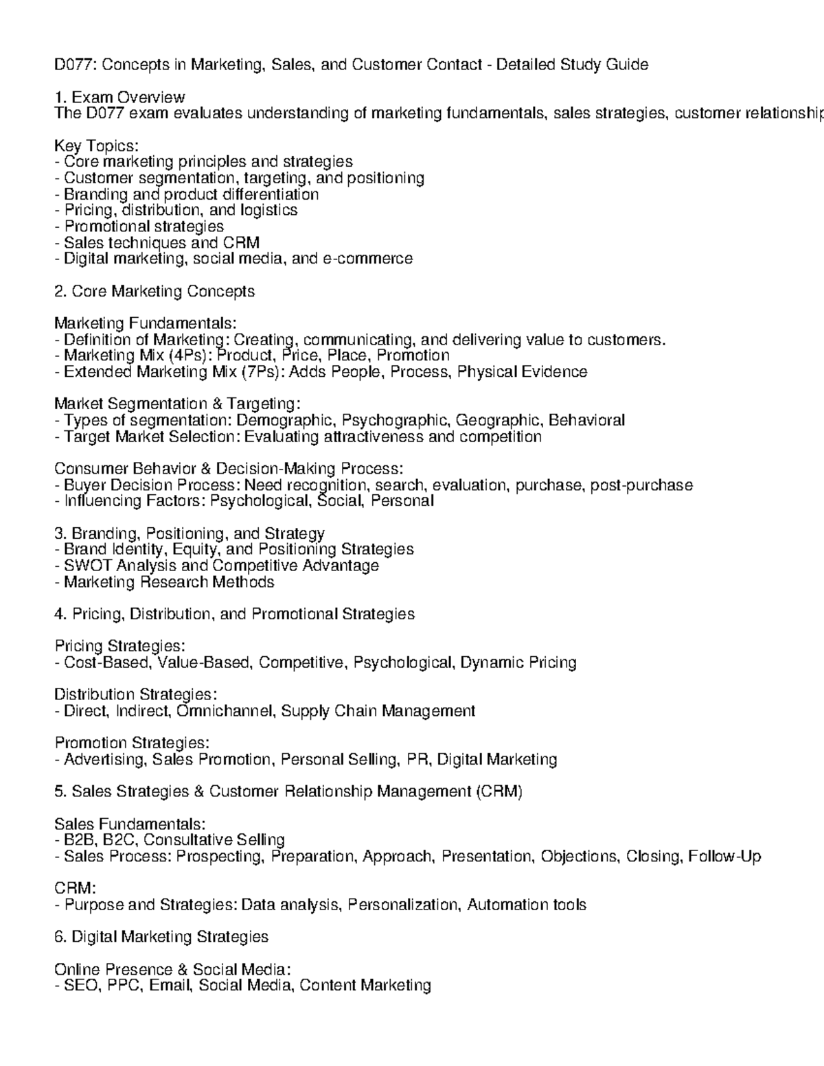 D077: Comprehensive Study Guide for Marketing & Sales Exam - Studocu