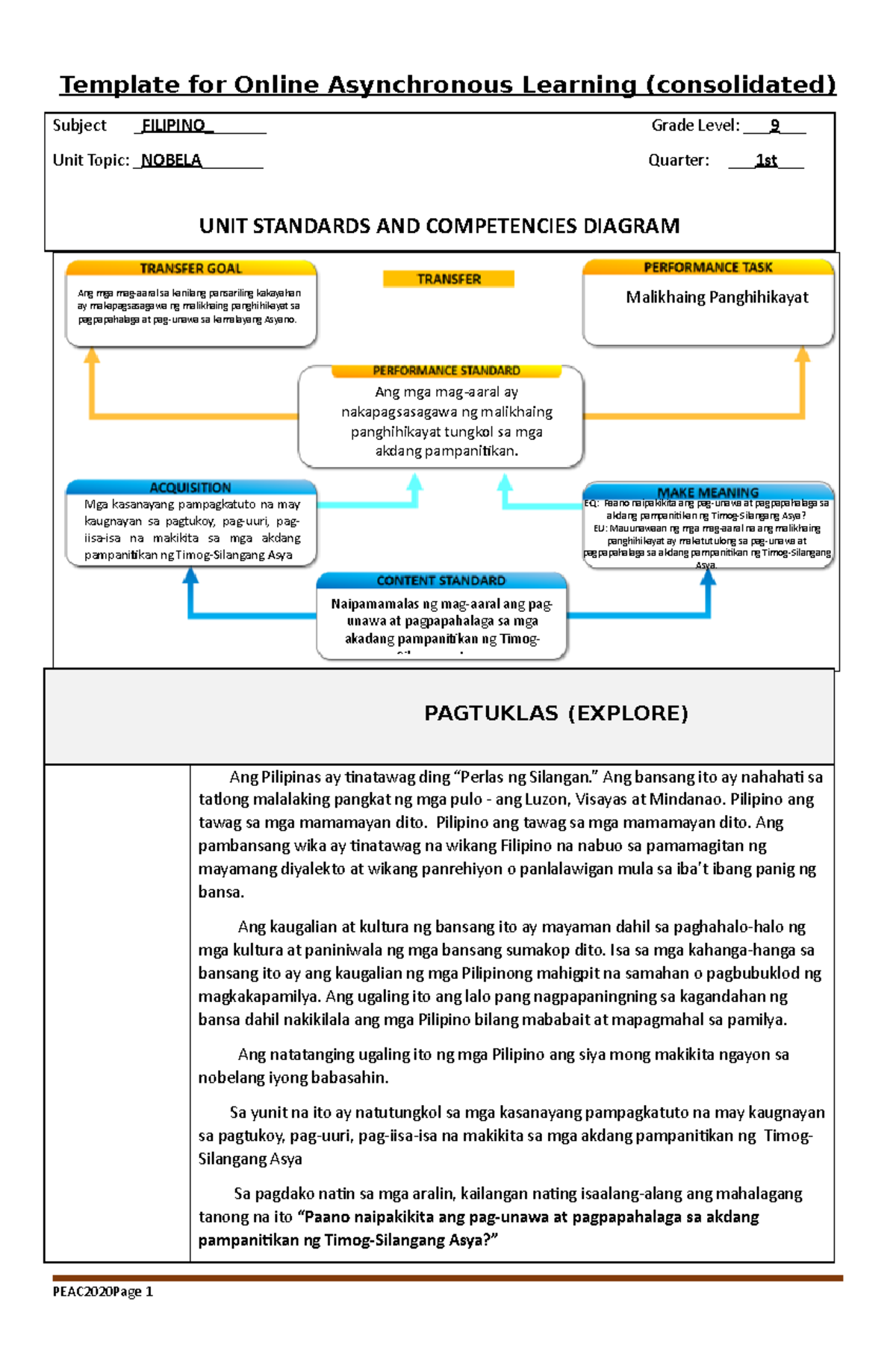 Sample Learning Plan - Filipino 7 INSET - Template for Online Asynchronous Learning ...