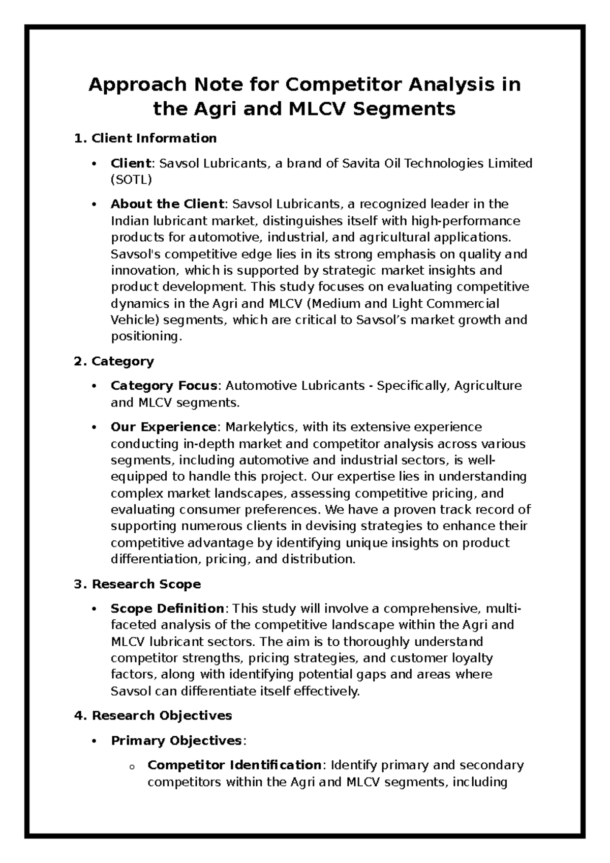 Approach Note for Competitor Analysis in the Agri and MLCV Segments ...