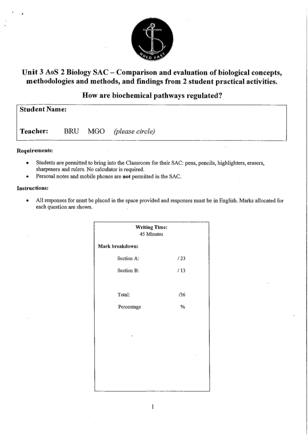 HOLD ARSY Unit 3 AoS 2 Biology SAC: Photosynthesis & Cellular ...